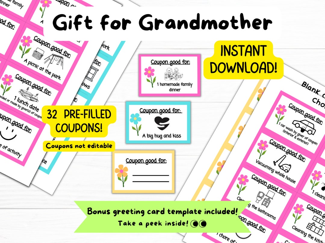 Grandmother Mother's Day Gift, Printable Mothers Day Coupons. Instant ...