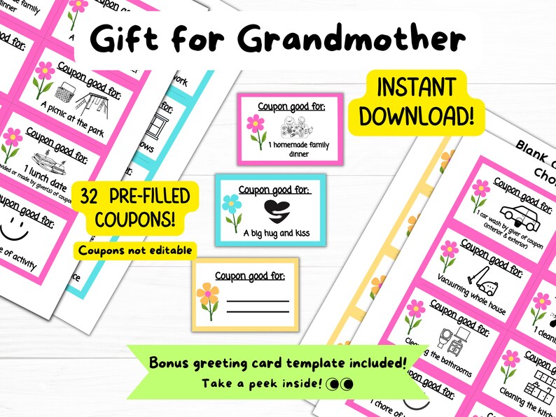 Grandmother Mother's Day Gift, Printable Mothers Day Coupons. Instant ...