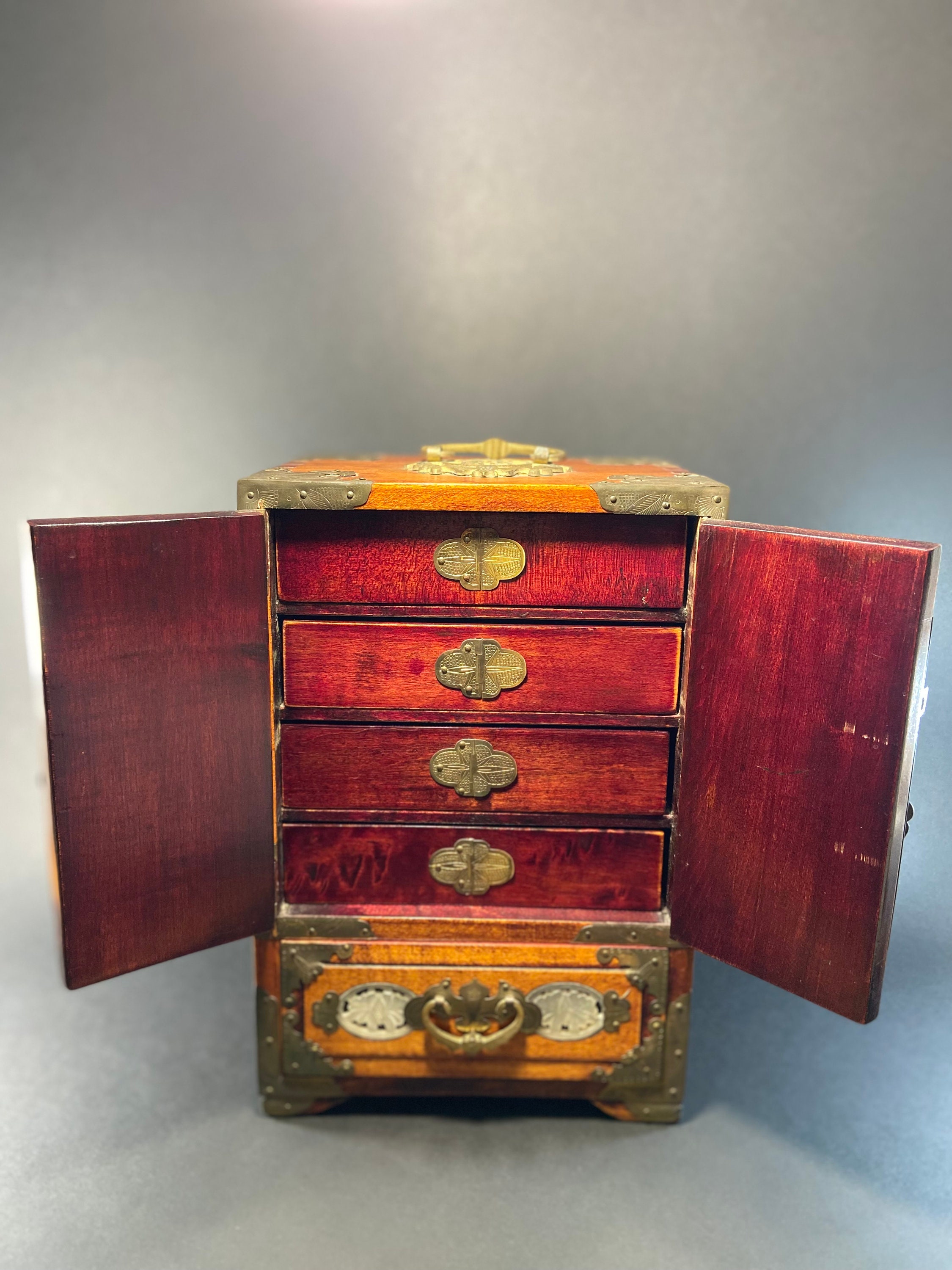 Chinese Jewellery Box in Wood With Decorative Brass Hardware Details ...