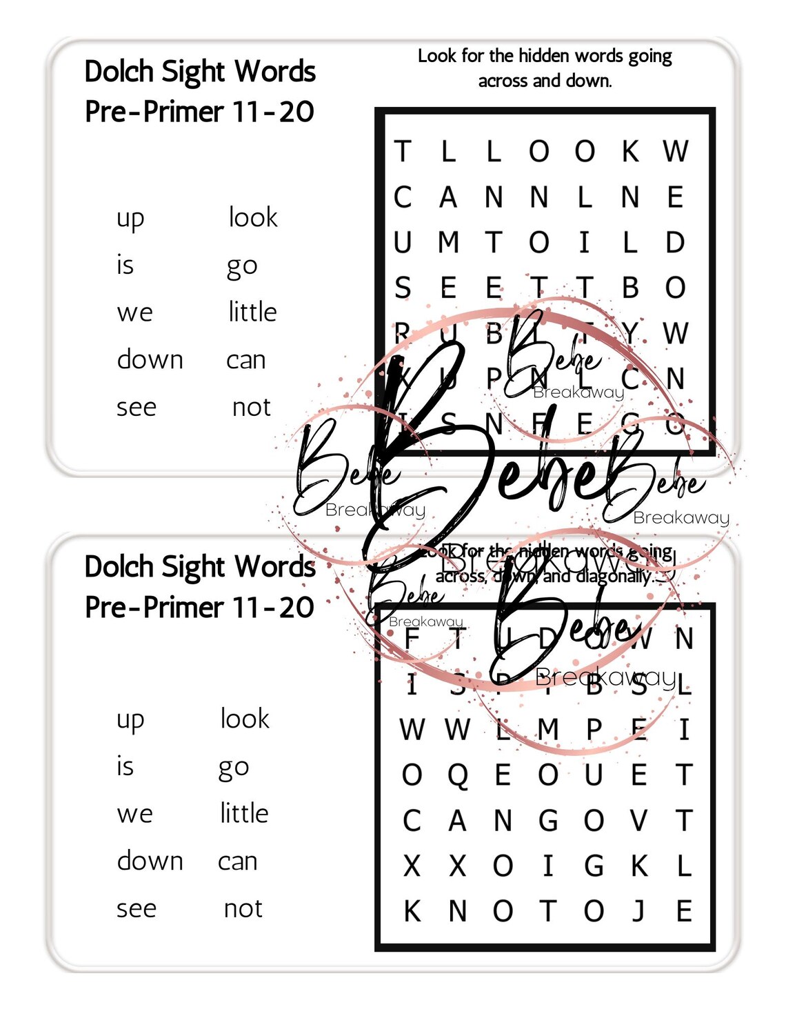 Dolch Pre-primer Sight Word- Word Searches, Early Readers' First Words ...
