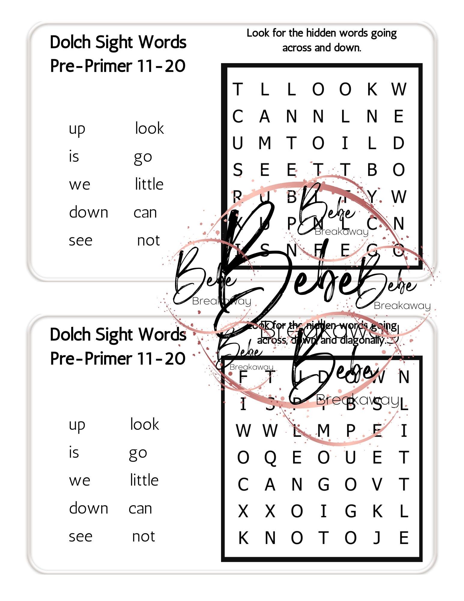 Dolch Pre-primer Sight Word- Word Searches, Early Readers' First Words ...