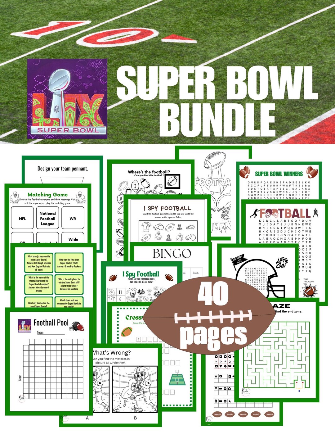 Football Super Bowl LIX Watch Party Bundle 40 Pgs for All Ages Coloring ...