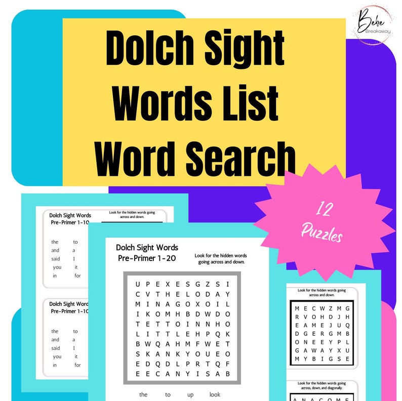 Dolch Pre-primer Sight Word- Word Searches, Early Readers' First Words ...