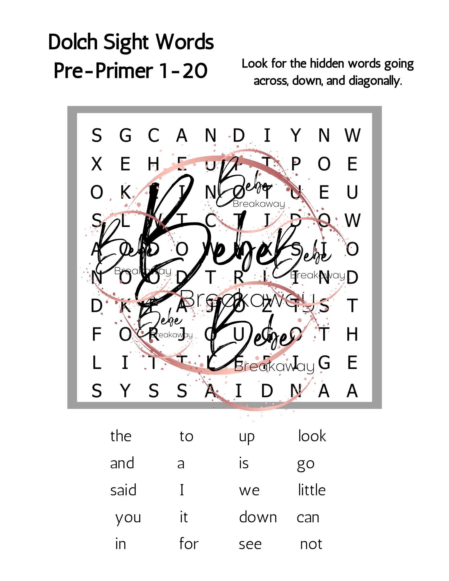 Dolch Pre-primer Sight Word- Word Searches, Early Readers' First Words ...