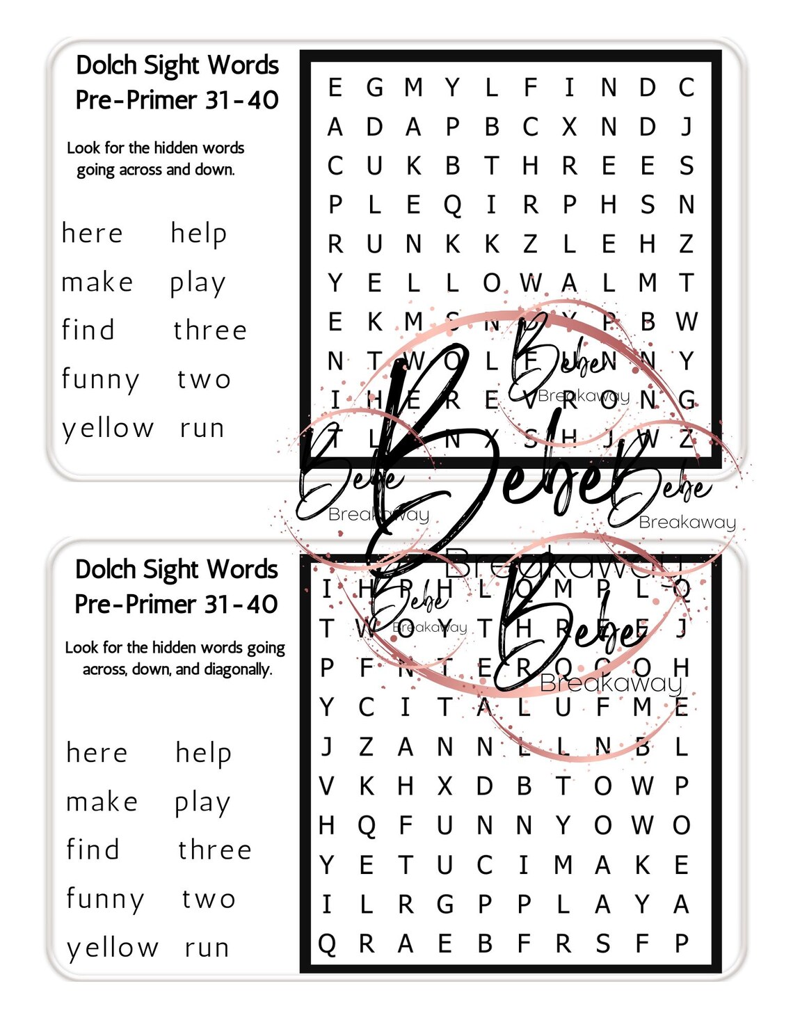 Dolch Pre-primer Sight Word- Word Searches, Early Readers' First Words ...