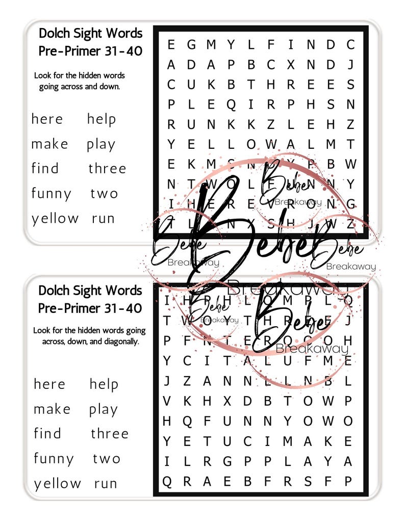 Dolch Pre-primer Sight Word- Word Searches, Early Readers' First Words ...