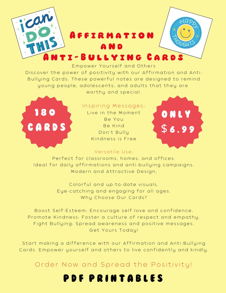 Affirmation and Anti-bullying Cards, Boost Self Esteem, Promote ...