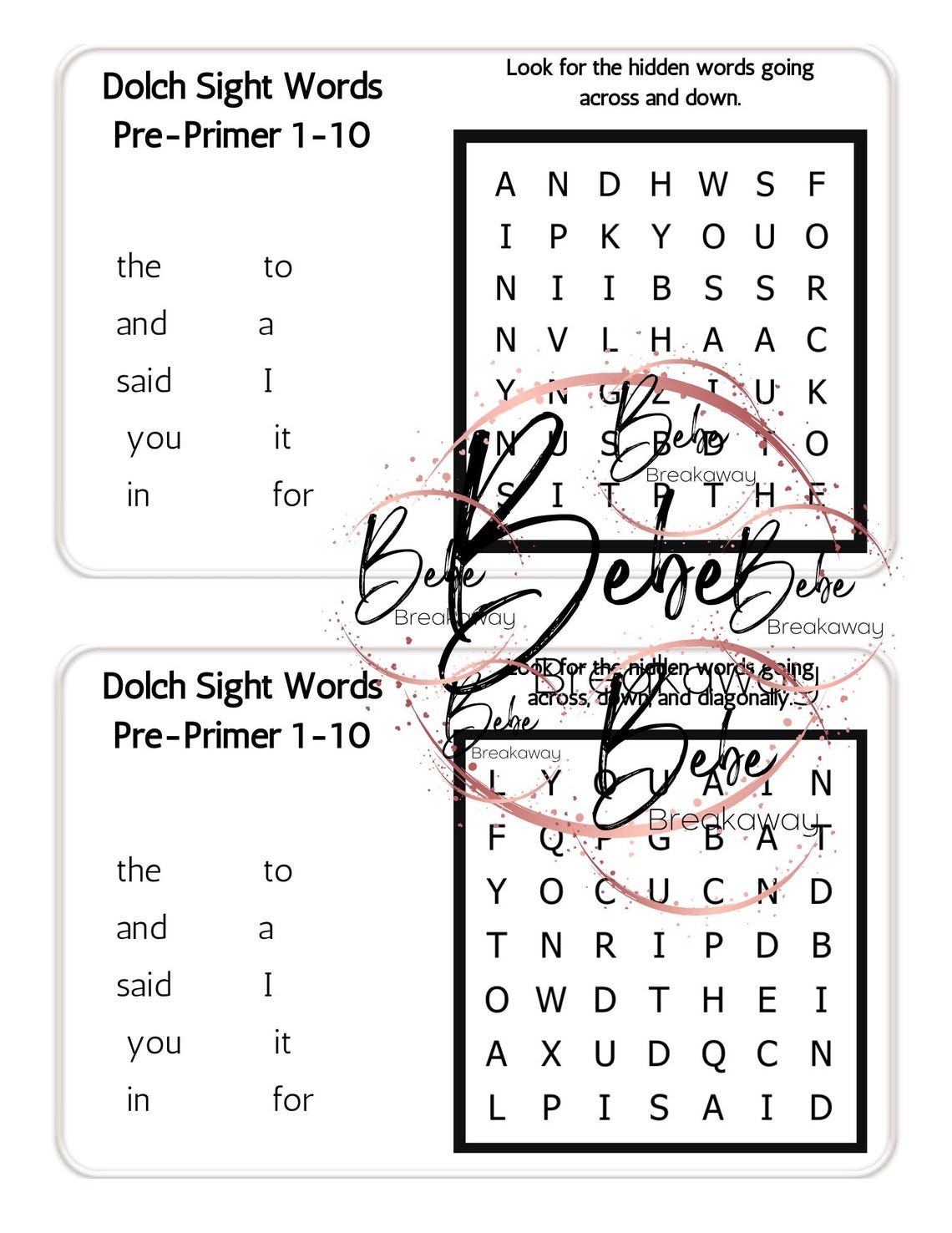Dolch Pre-primer Sight Word- Word Searches, Early Readers' First Words ...