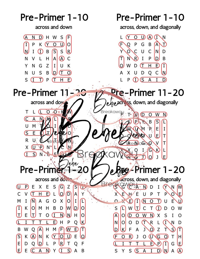 Dolch Pre-primer Sight Word- Word Searches, Early Readers' First Words ...