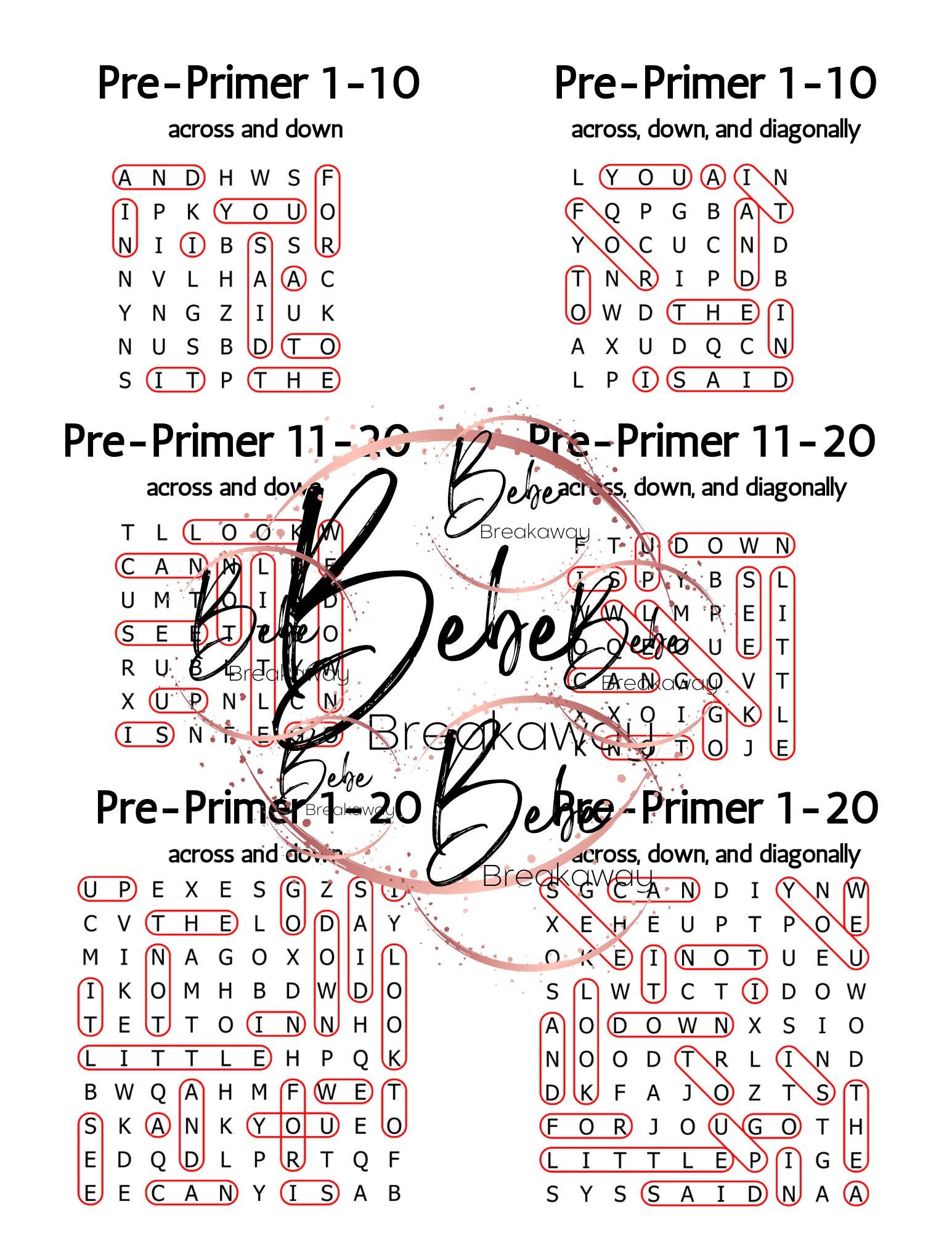 Dolch Pre-primer Sight Word- Word Searches, Early Readers' First Words ...