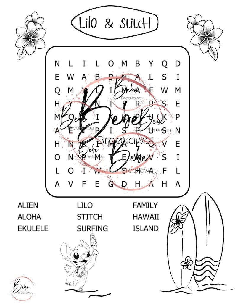 Lilo & Stitch Word Search Plus 2 Coloring Sheets. Fun Printable Bundle ...