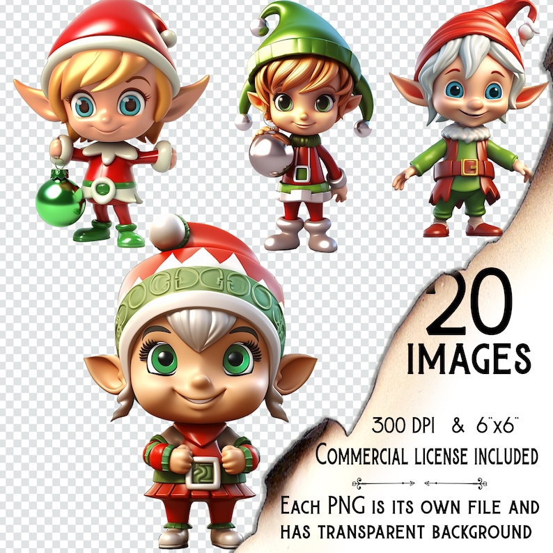 Digital Clipart 20 Pngs, Chibi 3D Christmas Elves, Instant Download ...