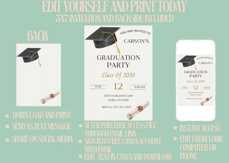 Editable Graduation Party Invitation: Black Cap, Gold Tassel, Canva ...