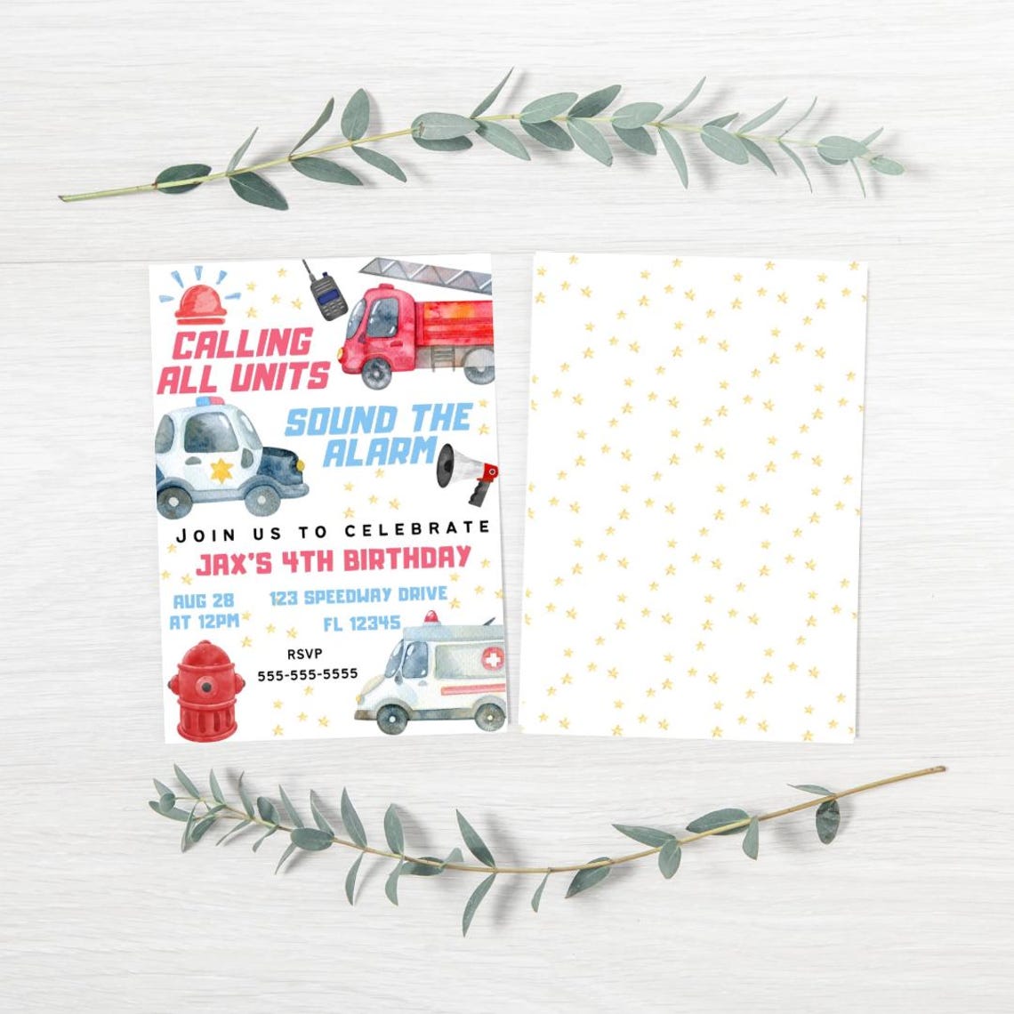 Emergency Vehicles Birthday Invitation: First Responder Party, Calling ...