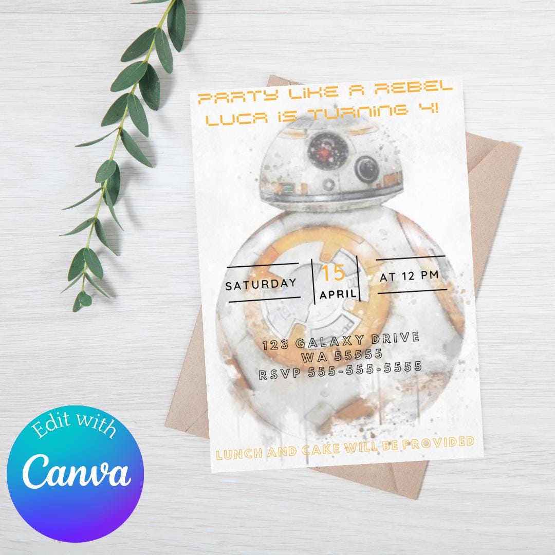 Editable Star Wars BB8 Birthday Invitation Template, Star Wars Party ...