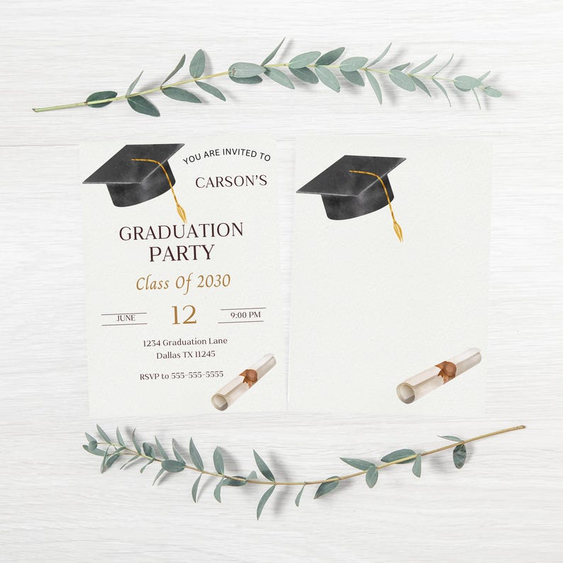 Editable Graduation Party Invitation: Black Cap, Gold Tassel, Canva ...