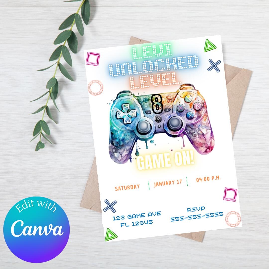Editable Game on Invitation Template, Video Game Birthday, Neon Glow ...