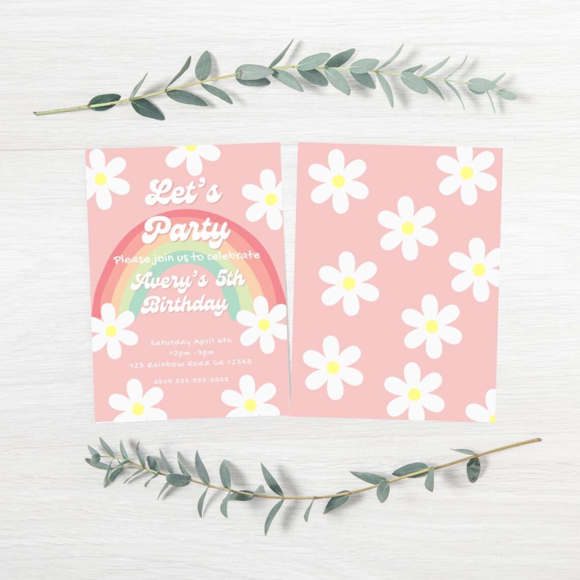Rainbow Flower Birthday Invitation: Pastel Daisy Party, Editable Canva ...