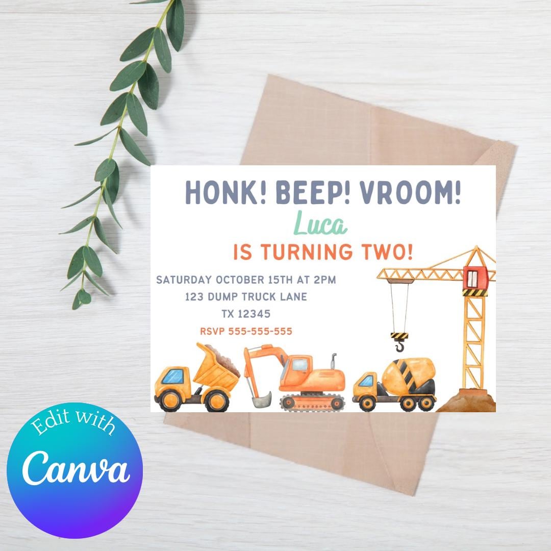Editable Honk! Beep! Vroom! Birthday, Boys Birthday, Constrcution ...