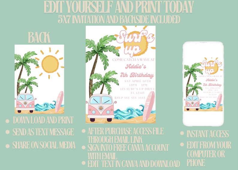 Editable Surf’s up Party Invitation, Groovy Van, Pastel Pink Party, Any ...