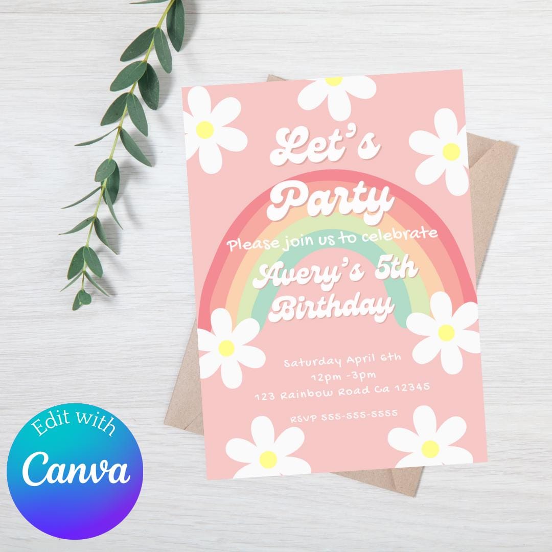 Rainbow Flower Birthday Invitation: Pastel Daisy Party, Editable Canva ...