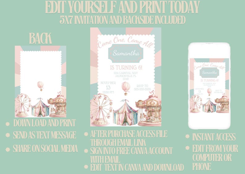 Carnival Birthday Invitation: Pastel Pink Circus Party, Canva Template ...