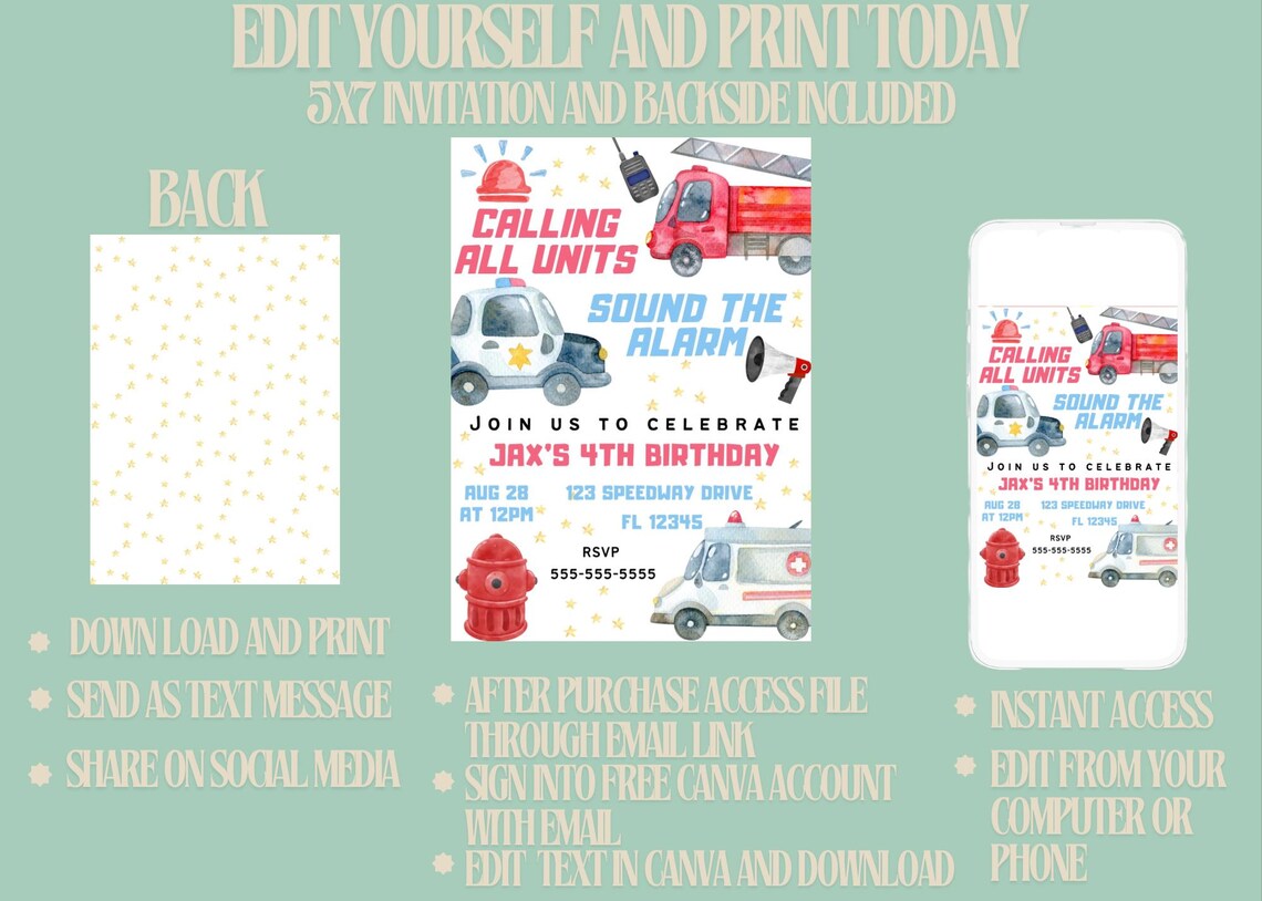Emergency Vehicles Birthday Invitation: First Responder Party, Calling ...
