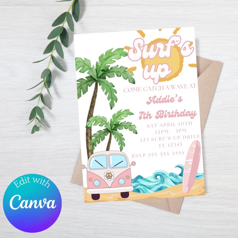Editable Surf’s up Party Invitation, Groovy Van, Pastel Pink Party, Any ...