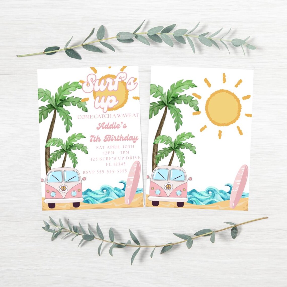 Editable Surf’s up Party Invitation, Groovy Van, Pastel Pink Party, Any ...