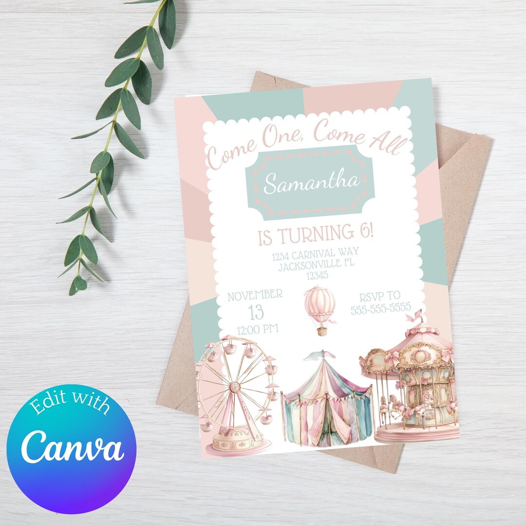 Carnival Birthday Invitation: Pastel Pink Circus Party, Canva Template ...