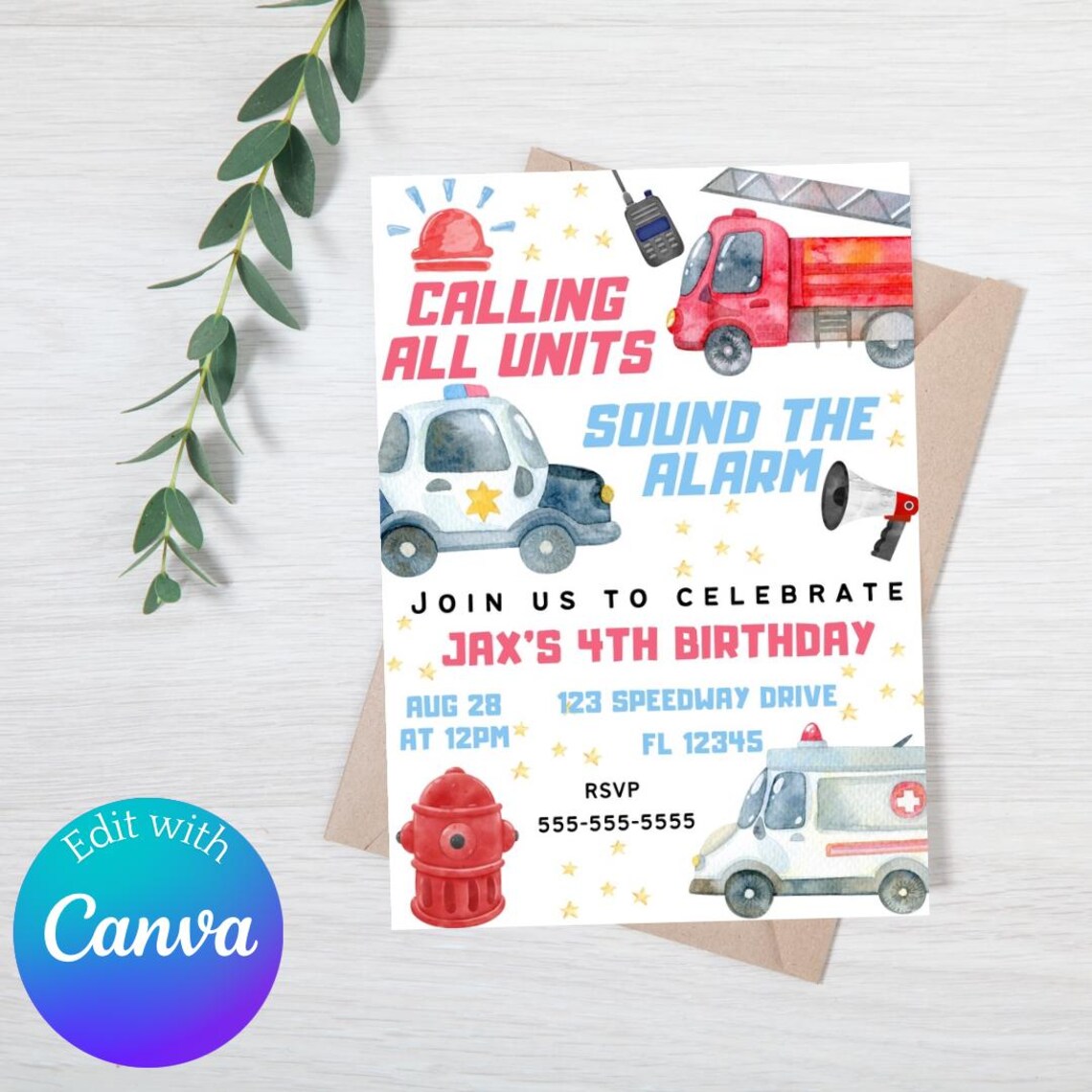 Emergency Vehicles Birthday Invitation: First Responder Party, Calling ...