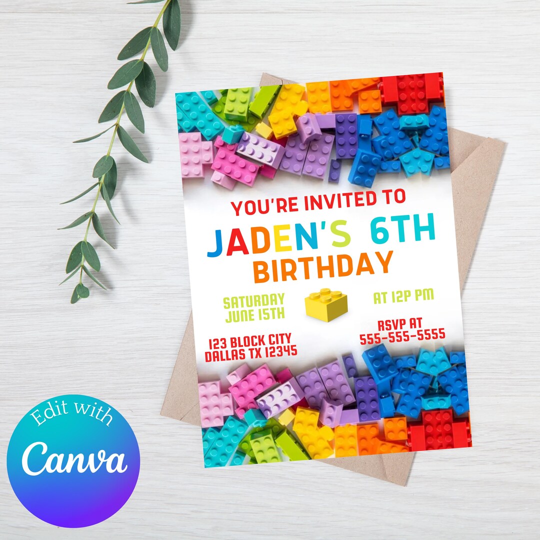 Editable Building Blocks Birthday Party Invitation, Construction ...