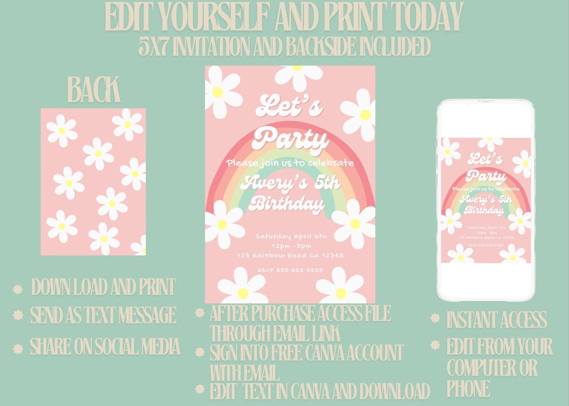 Rainbow Flower Birthday Invitation: Pastel Daisy Party, Editable Canva ...