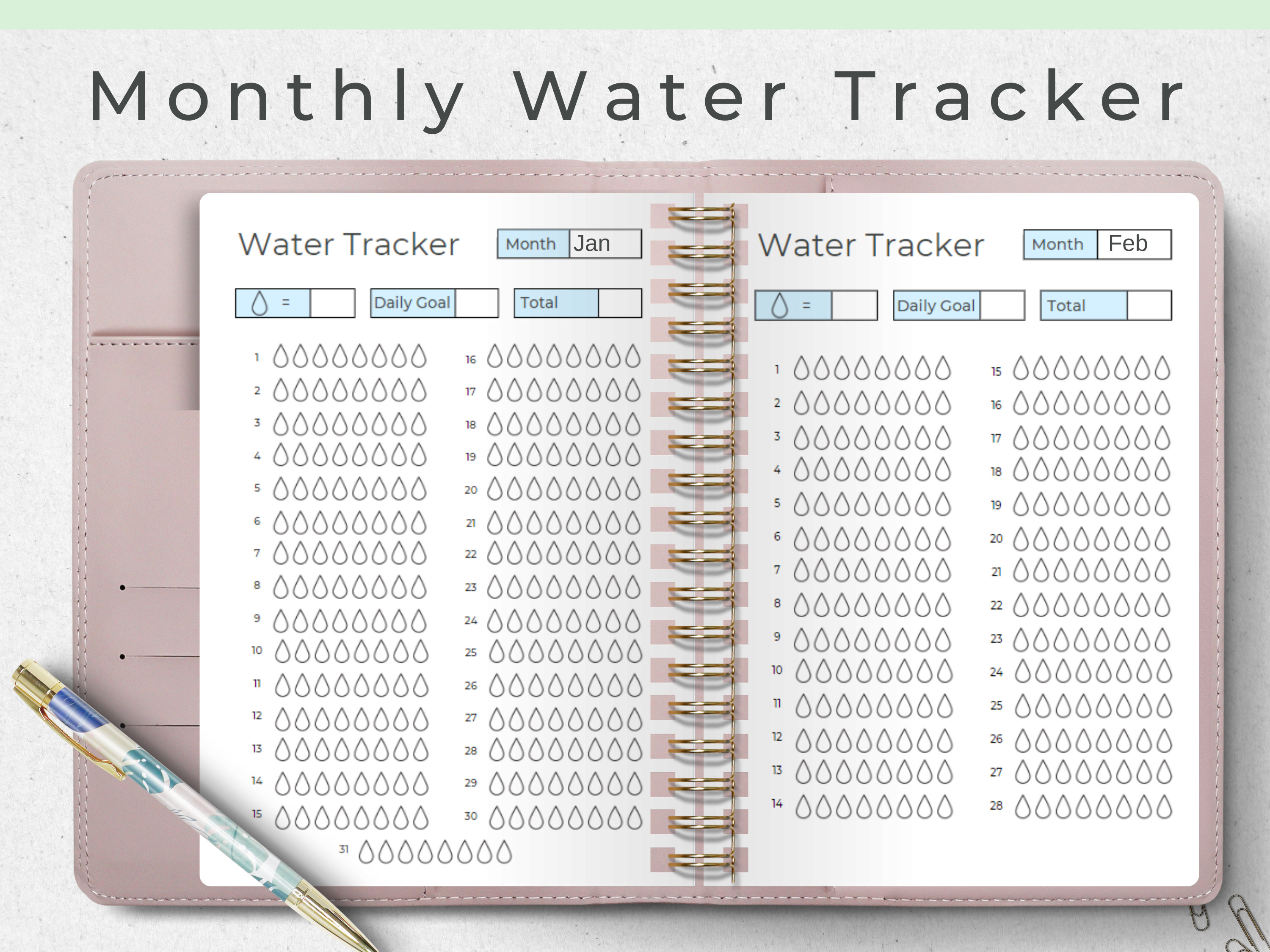 Printable Monthly Water Tracker| Water Intake Template| Hydration ...
