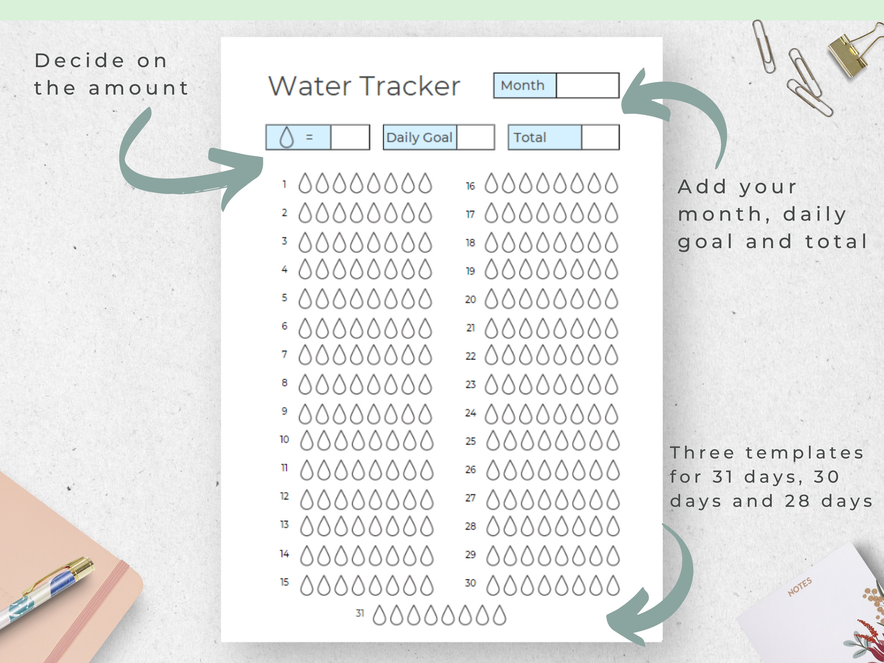 Printable Monthly Water Tracker Water Intake Template Hydration Tracker ...