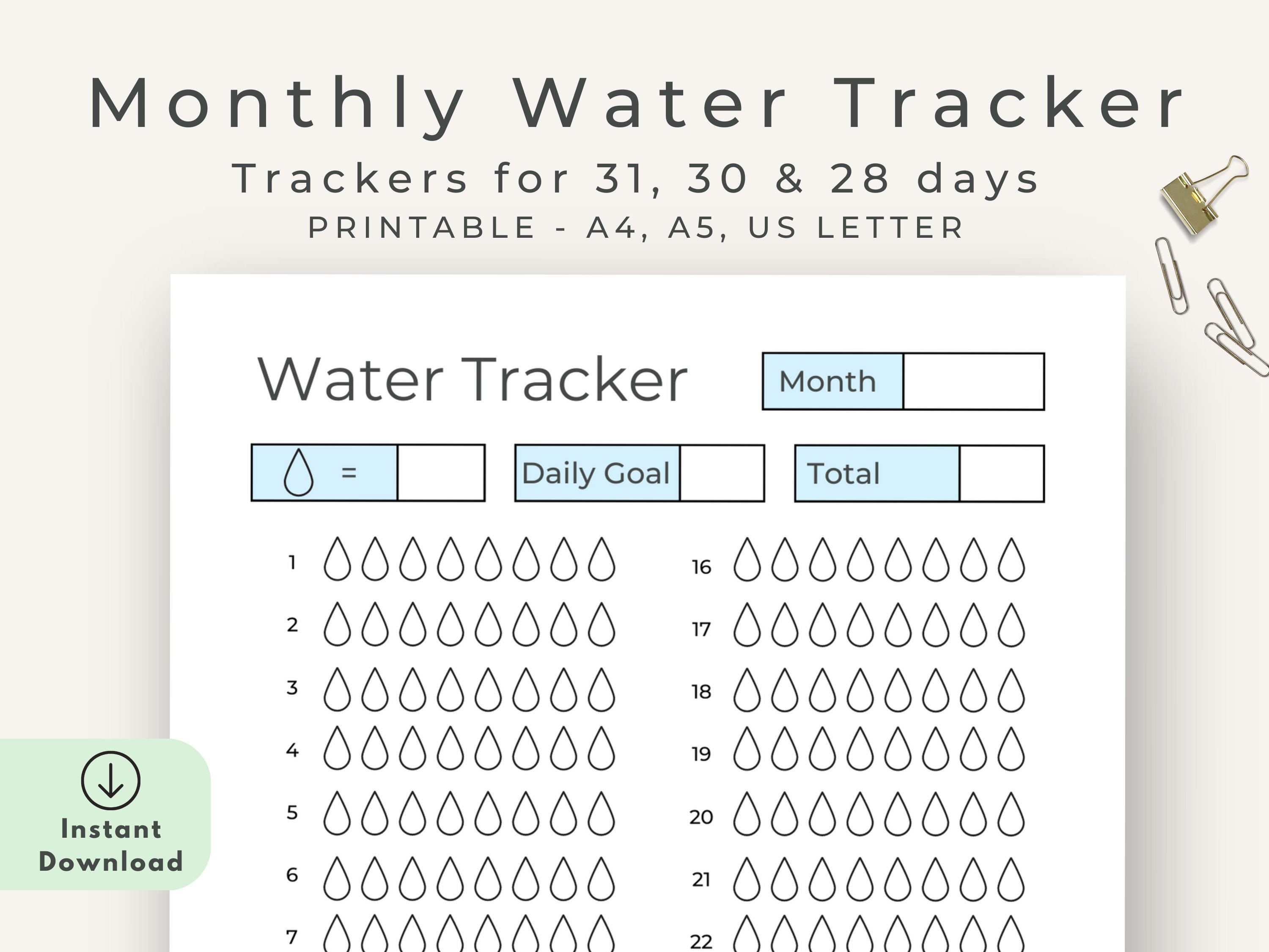 Printable Monthly Water Tracker Water Intake Template Hydration Tracker ...