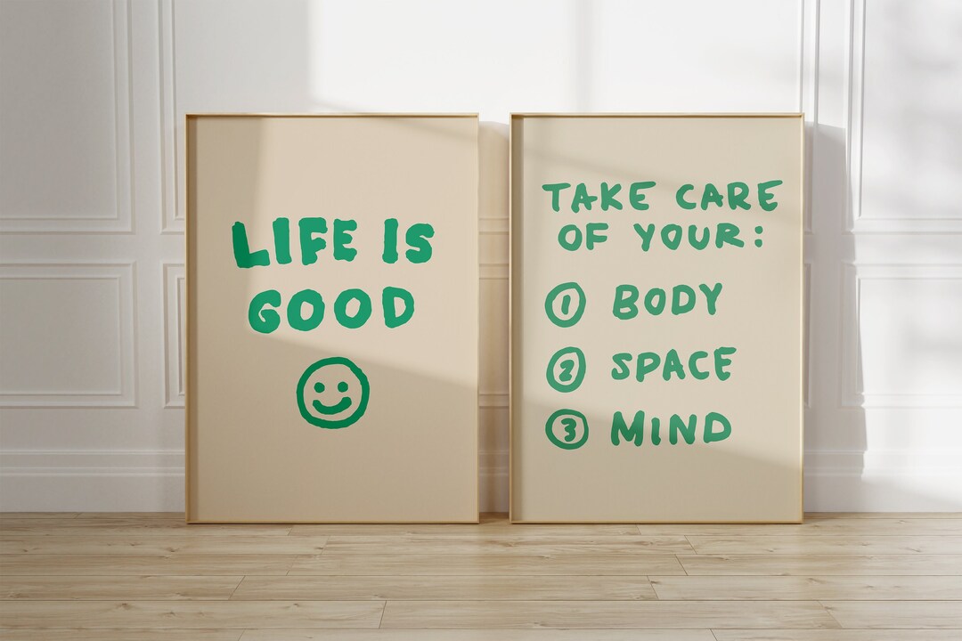 Set of 2 Retro Green Positivity Posters, Smiley Face Poster,positivity ...