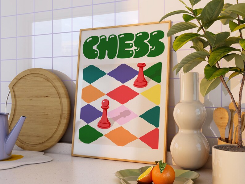 Retro Chess Print, Funky Home Decor, Aesthetic Decor, Aesthetic Room ...