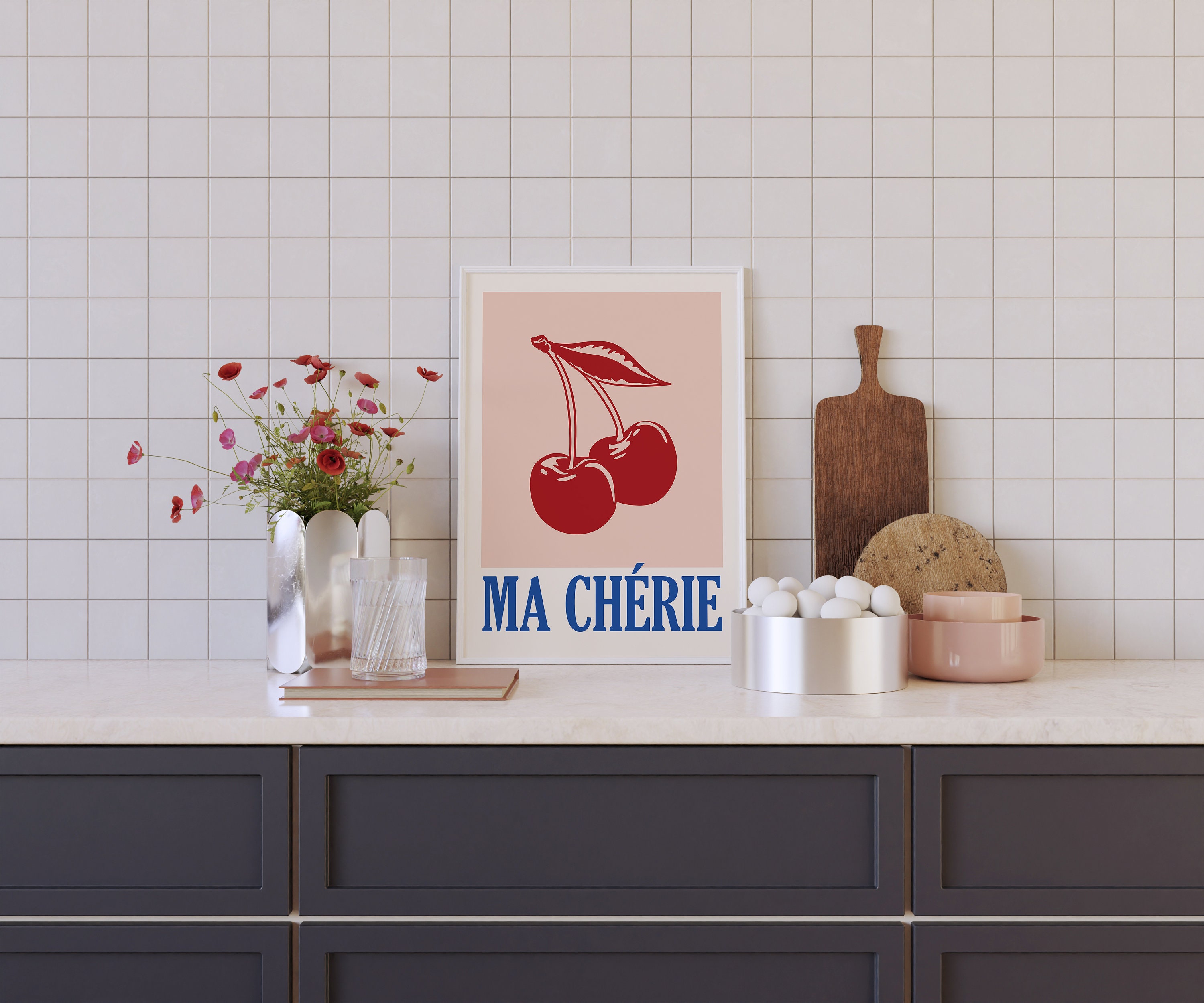Cherry Retro Wall Art, Ma Chérie French Poster, Cherry Wall Art ...