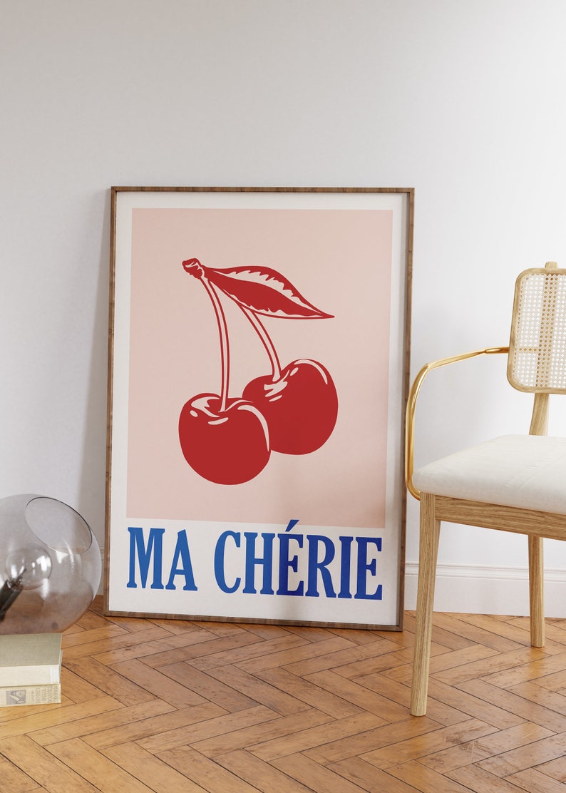 Cherry Retro Wall Art, Ma Chérie French Poster, Cherry Wall Art ...