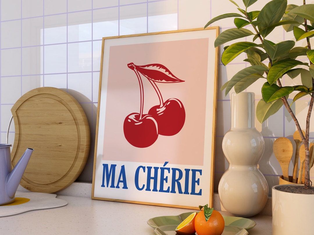Cherry Retro Wall Art, Ma Chérie French Poster, Cherry Wall Art ...