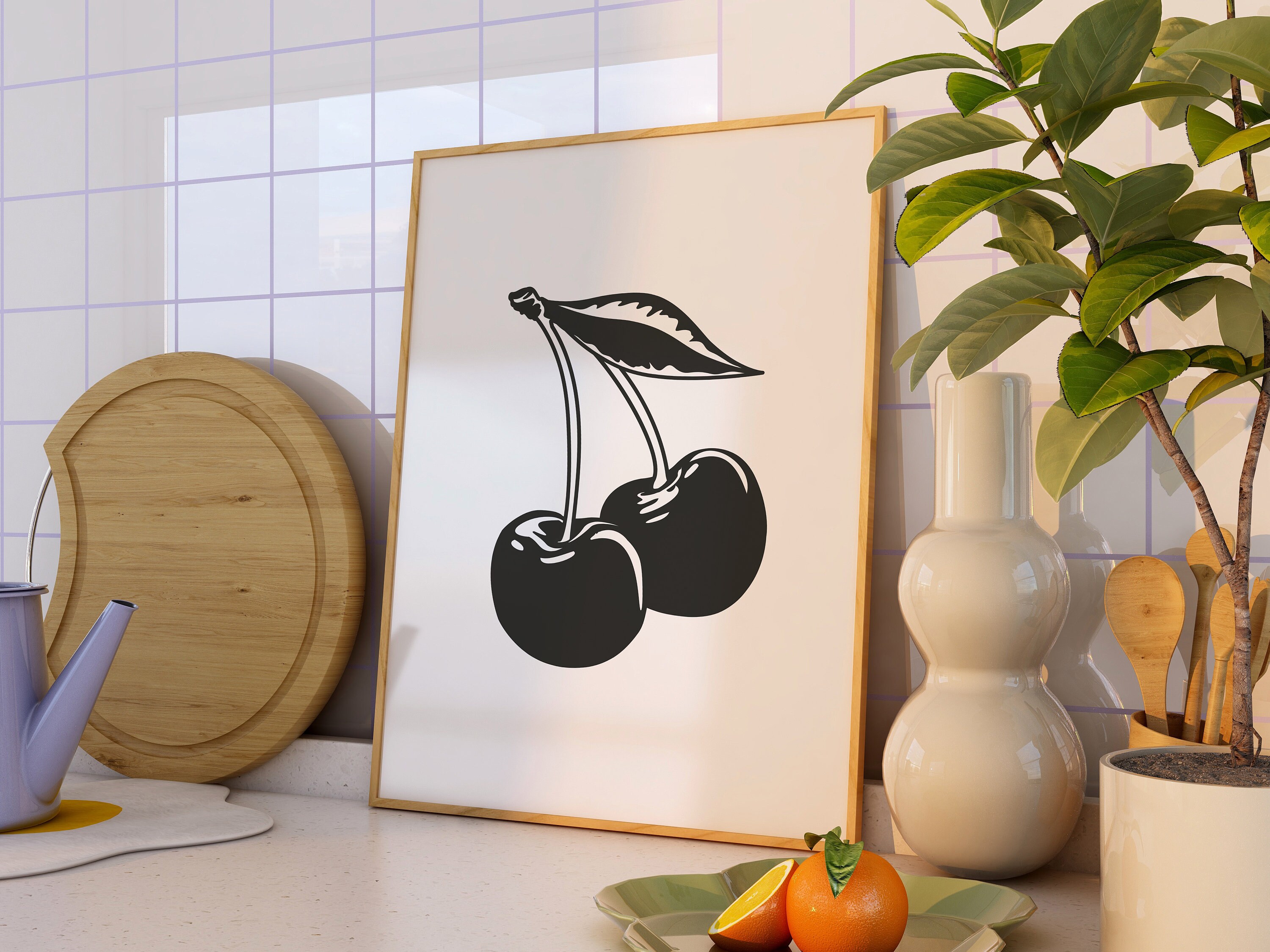 Schwarze Retro Kirsche Druck, ästhetische Wandkunst, Küchen Wandkunst ...