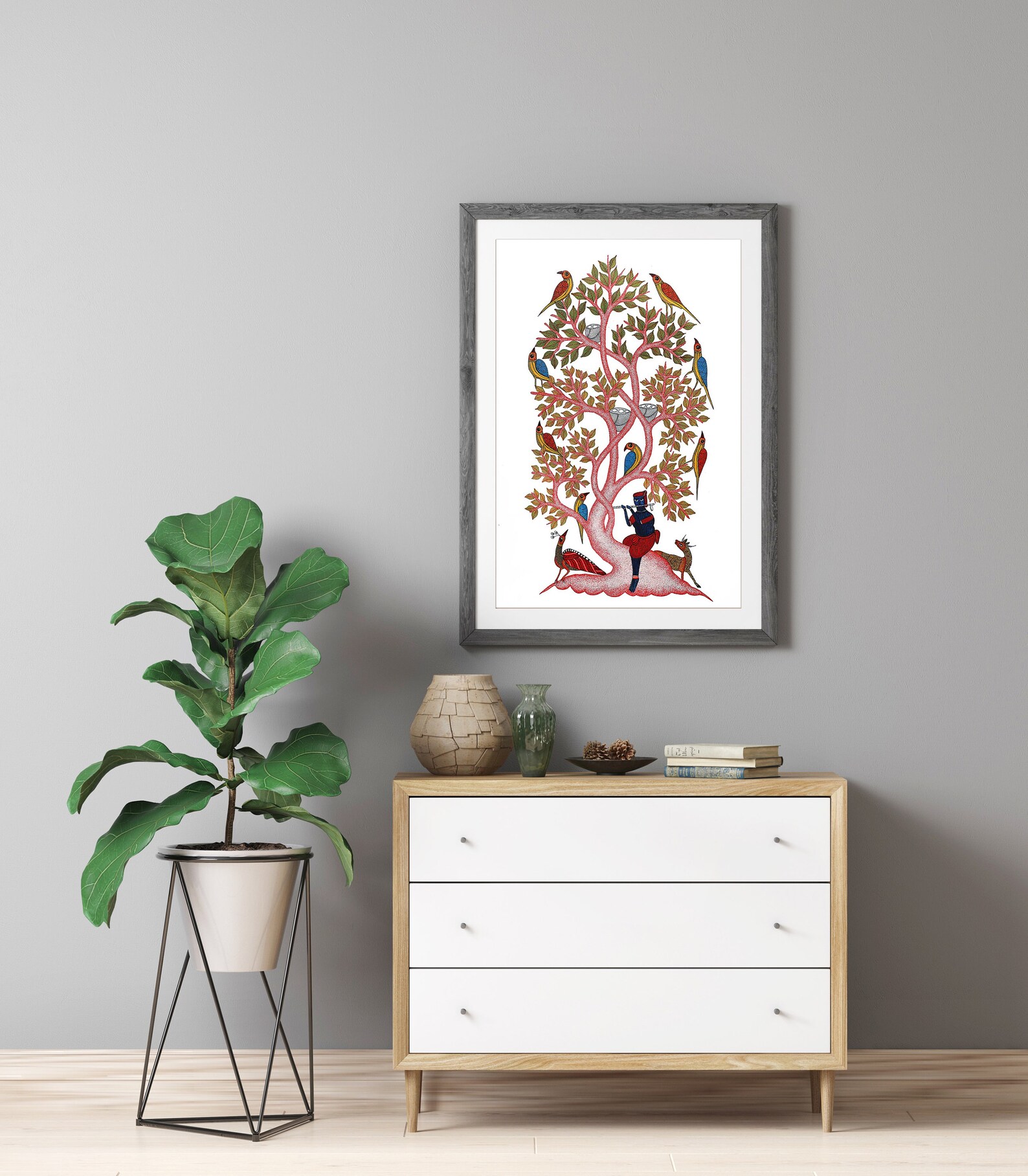 Contemporary Gond Tribal Folk Art of God Krishna Under A Tree Wall ...
