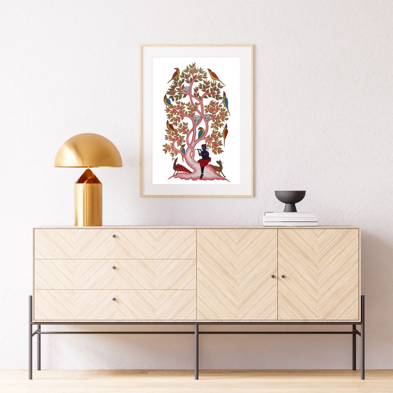 Contemporary Gond Tribal Folk Art of God Krishna Under A Tree Wall ...