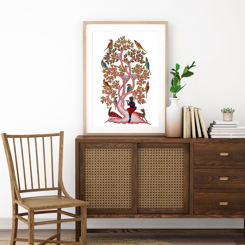 Contemporary Gond Tribal Folk Art of God Krishna Under A Tree Wall ...