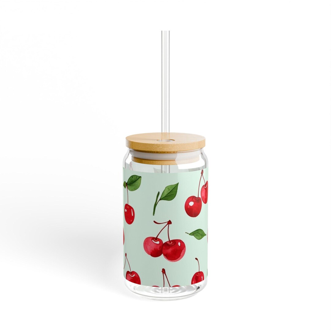 Cherry Pattern Tumblr Glass, 16oz, Cute Drinkware for Summer, Kitchen ...