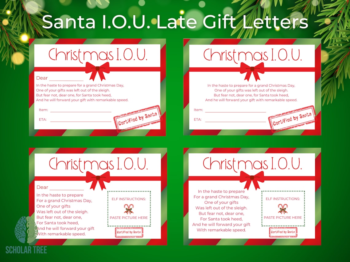 Late Gift Letter, Santa IOU, Arriving Late, IOU Slips, Christmas Iou ...