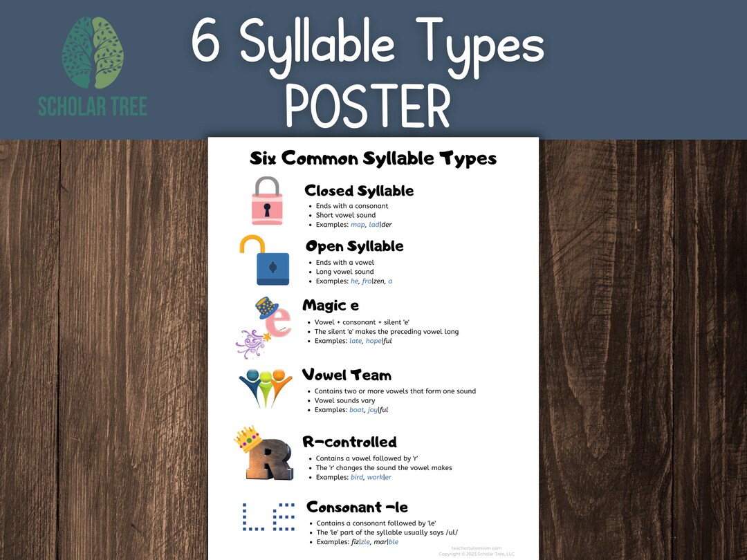 6 Syllable Types Poster for Reading and Phonics Classes - 3 Sizes: US ...