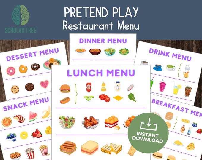 Pretend Play Menus, Kids Play Menus, Kids Kitchen Play Menus, Pretend ...