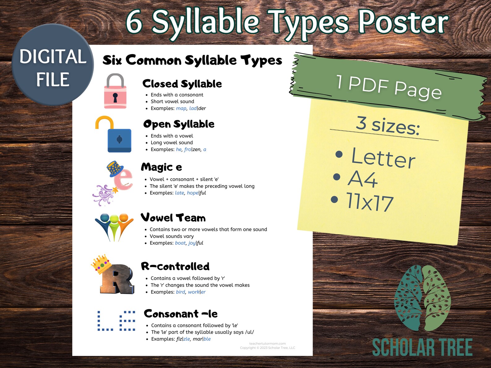 6 Syllable Types Poster, Phonics Printable, Reading Help, Digital PDF Document, Language Arts ...